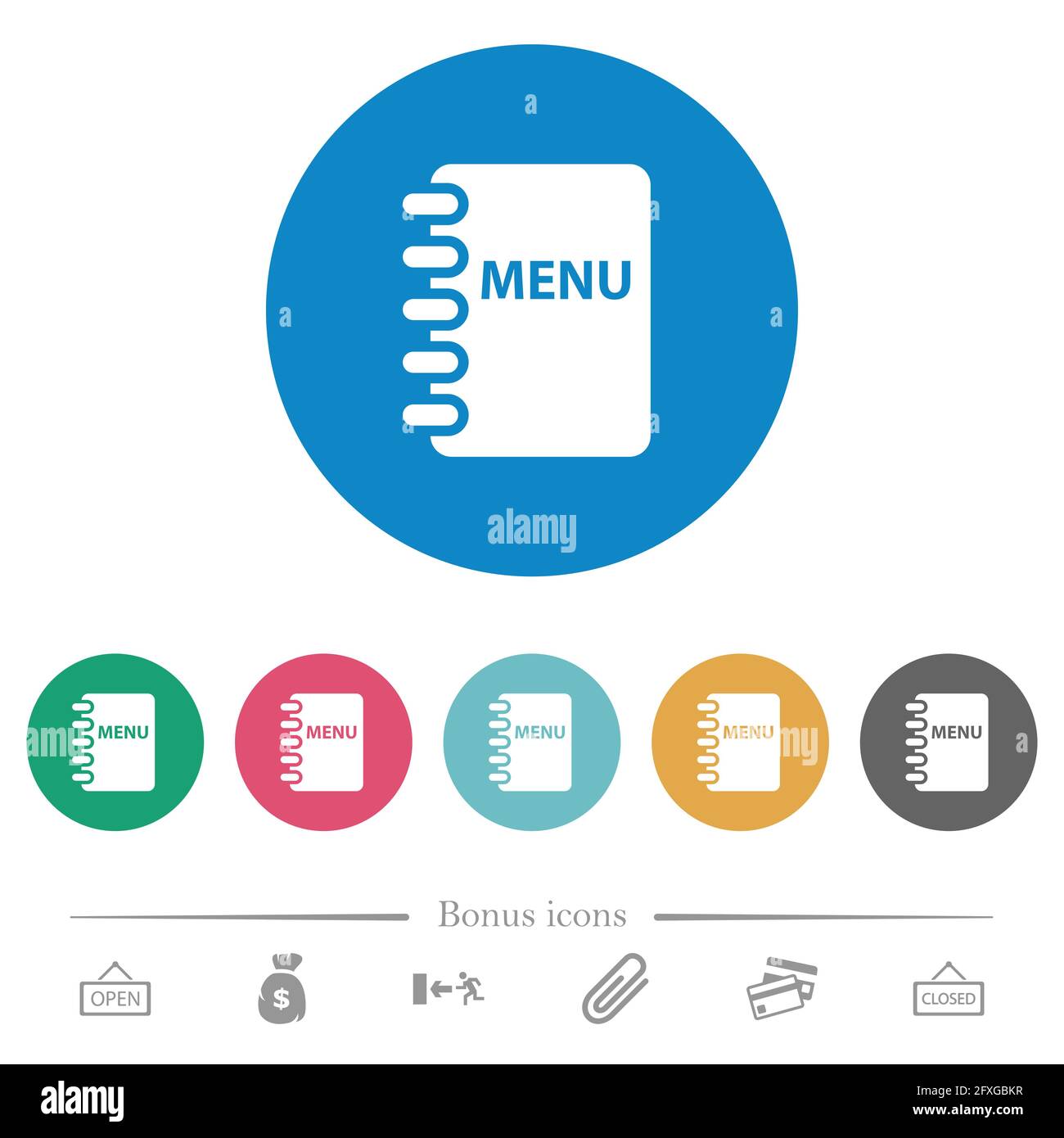 Menu flat white icons on round color backgrounds. 6 bonus icons ...