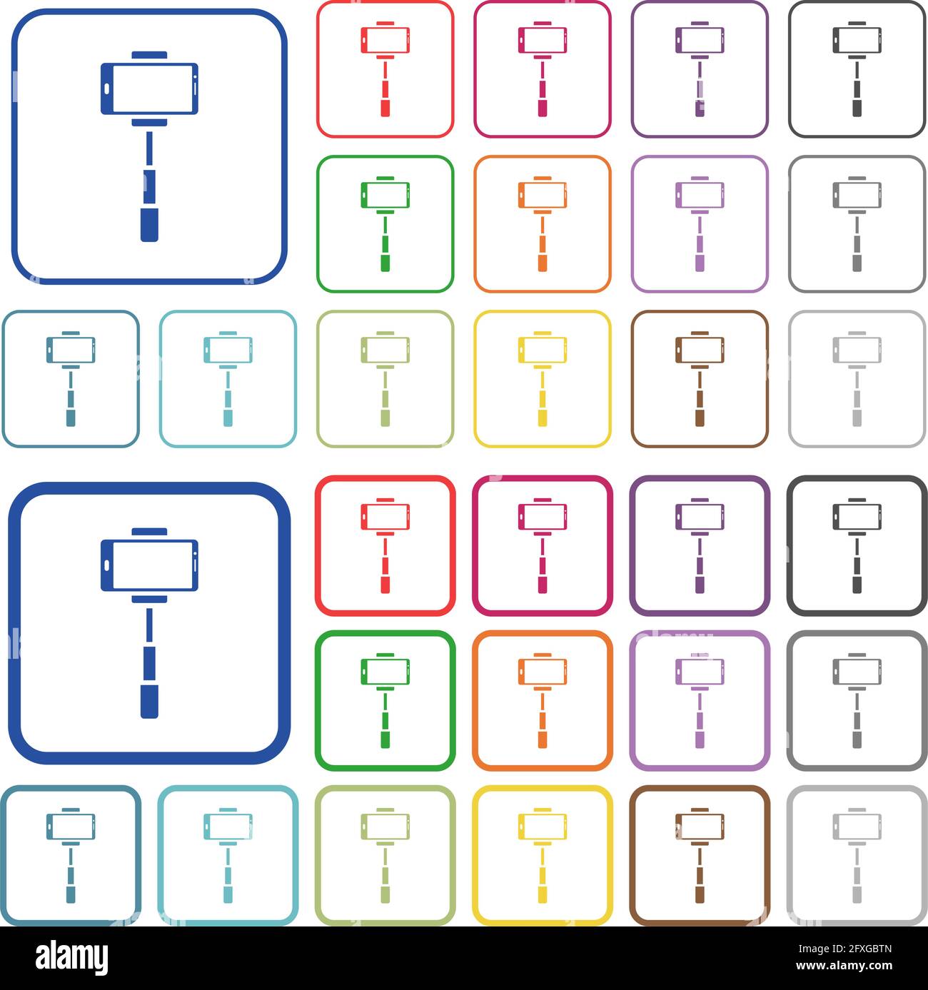 Smartphone on selfie stick front view color flat icons in rounded ...