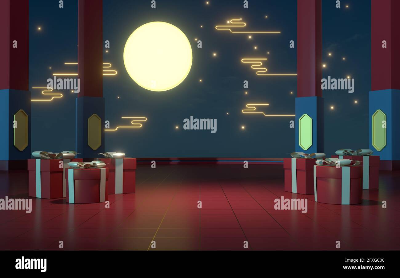 Chinese style scene with dark background , 3d rendering . Computer ...