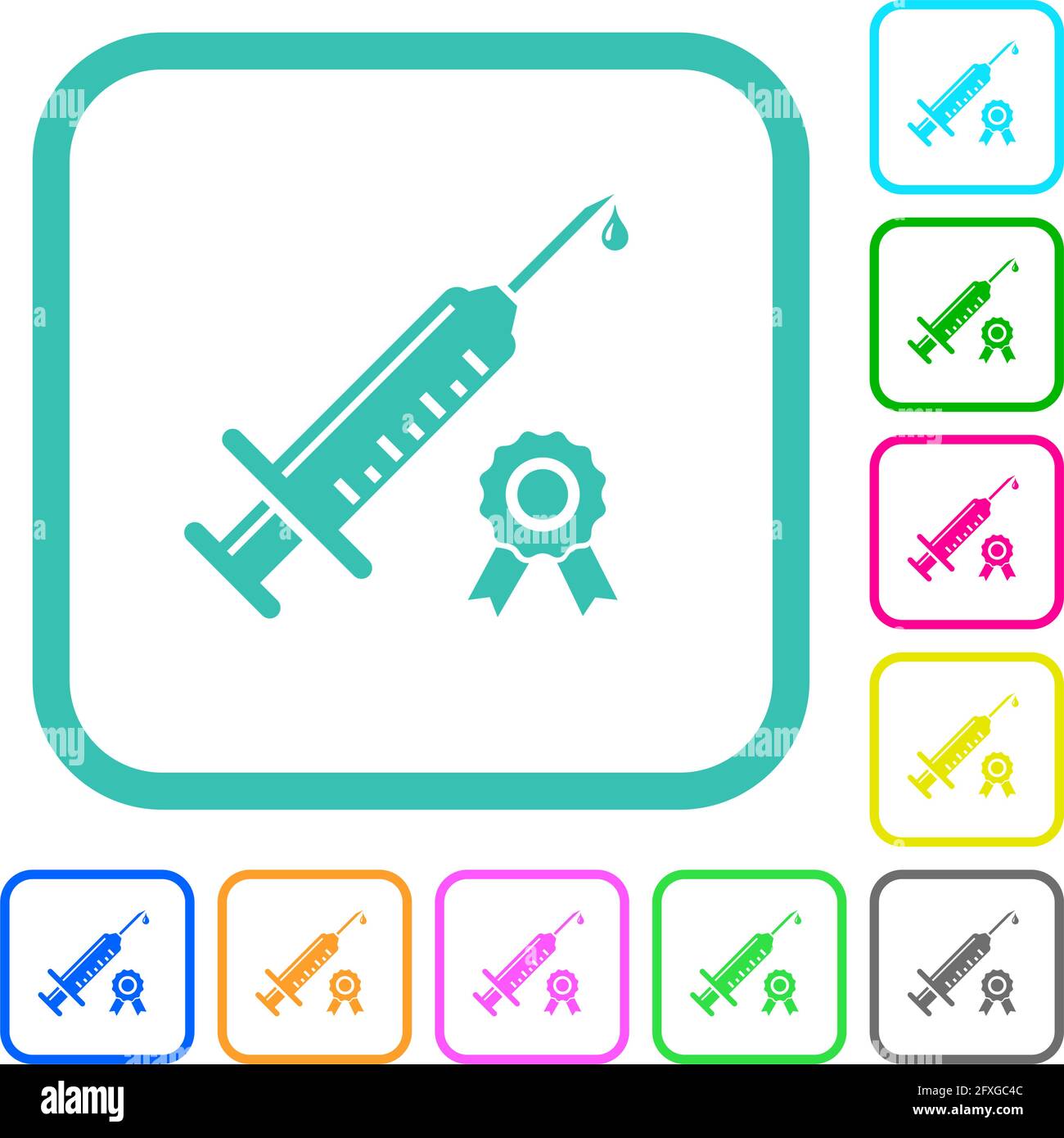 Certified vaccine vivid colored flat icons in curved borders on white ...
