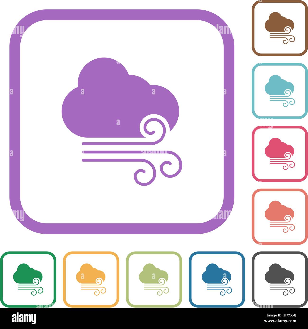 Windy weather simple icons in color rounded square frames on white ...