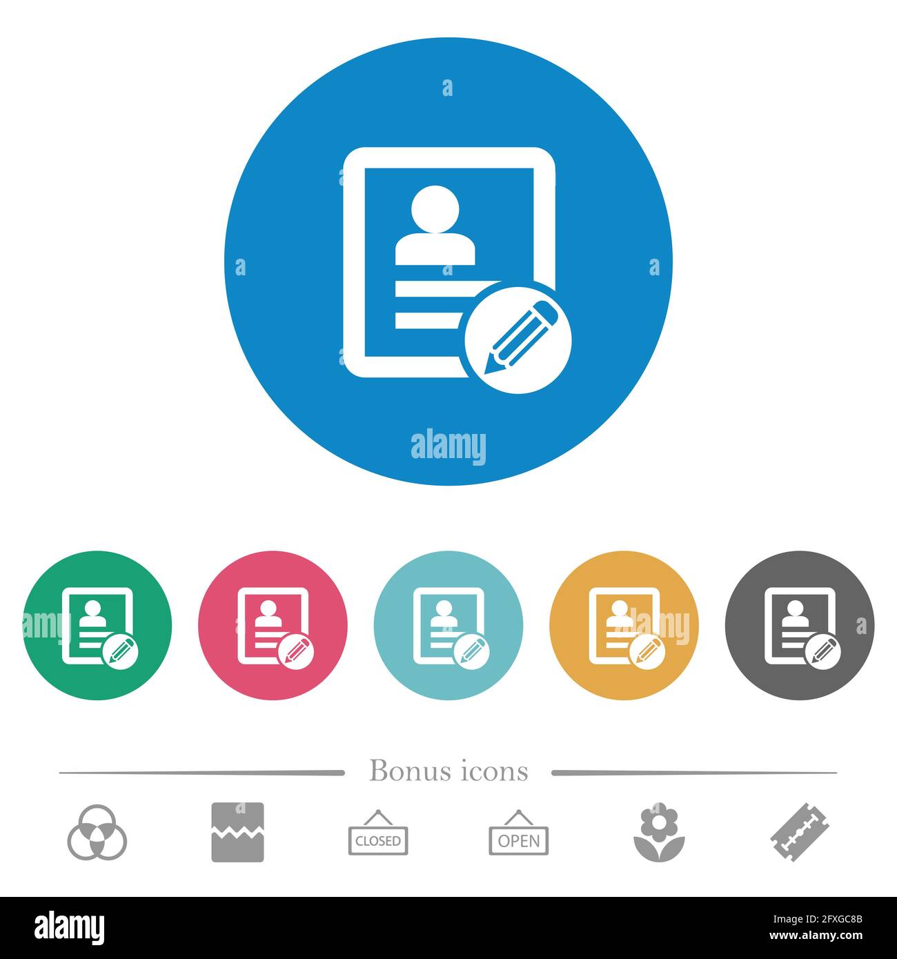 Edit contact flat white icons on round color backgrounds. 6 bonus icons ...