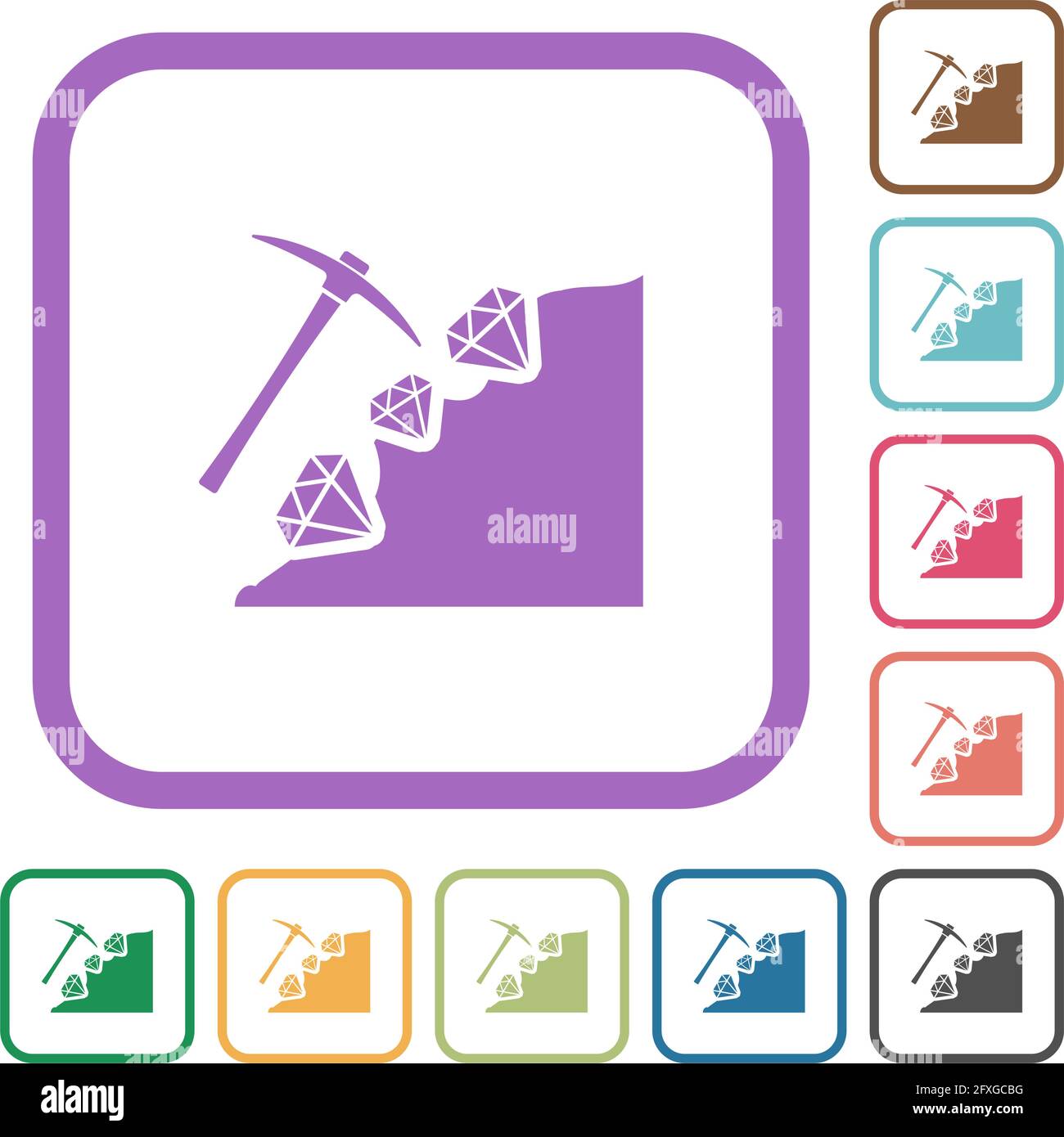 Diamond mining simple icons in color rounded square frames on white ...