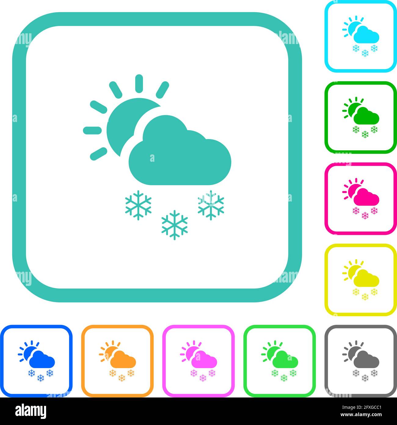Sunny and snowy weather vivid colored flat icons in curved borders on ...
