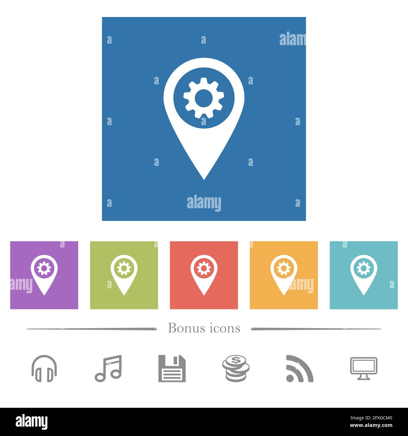 GPS map location settings flat white icons in square backgrounds. 6 ...