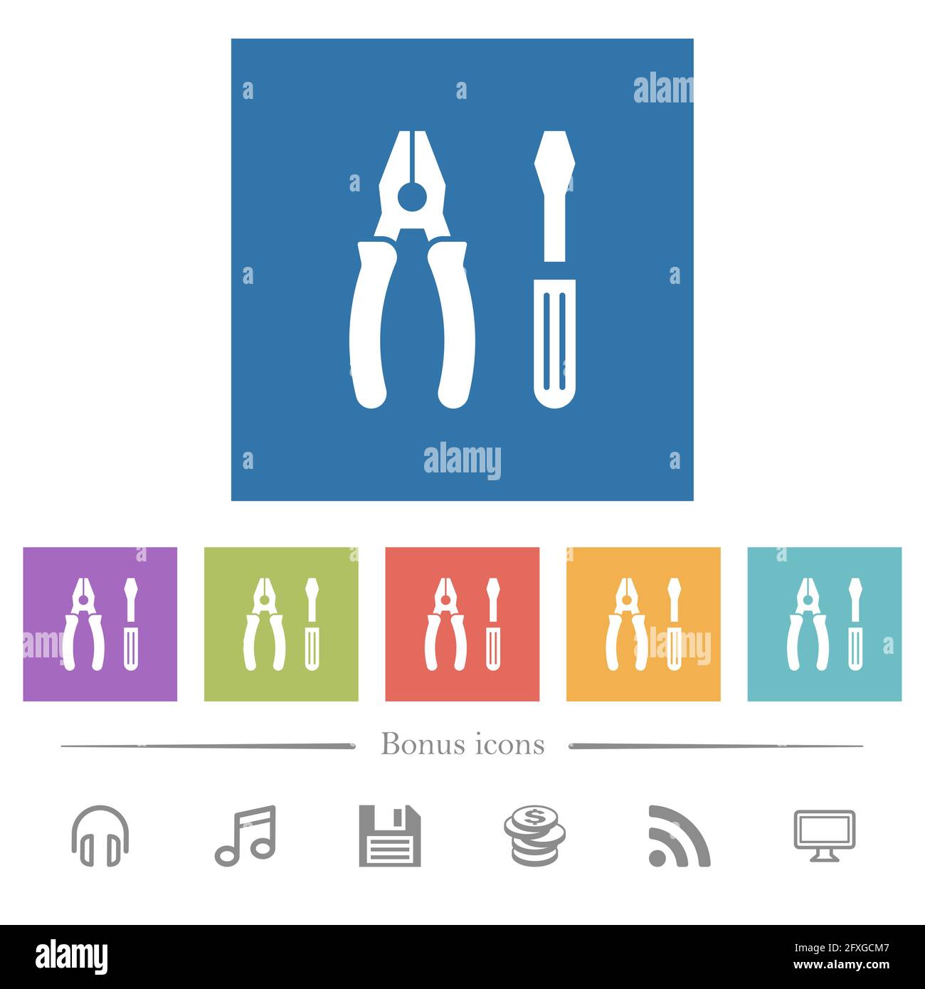 Combined pliers and screwdriver flat white icons in square backgrounds ...