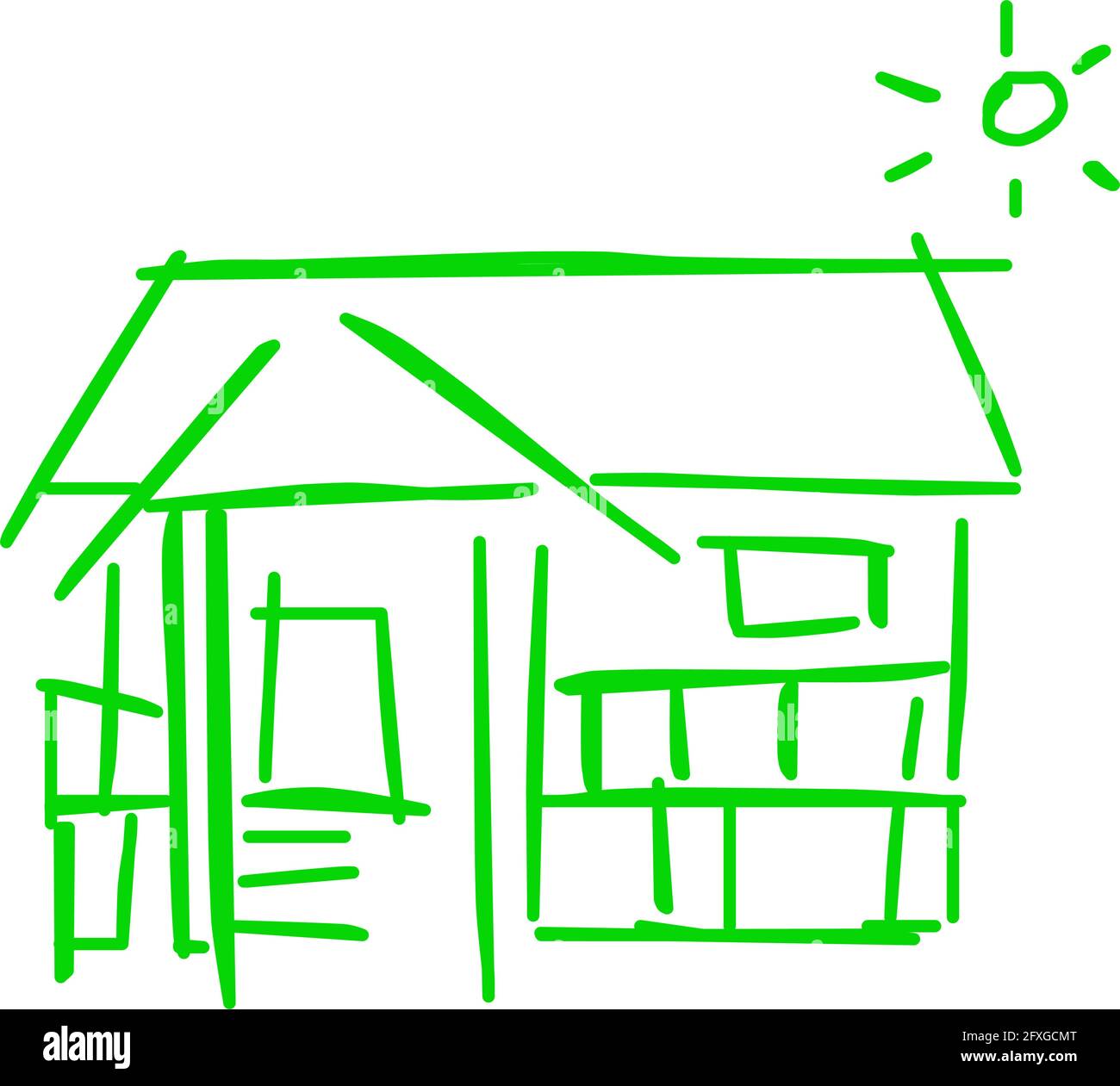 House icon of rough line art in hand drawn style, sun, green 19 Stock ...