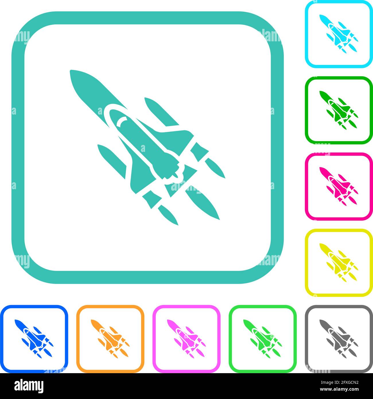 Space shuttle with launchers vivid colored flat icons in curved borders ...
