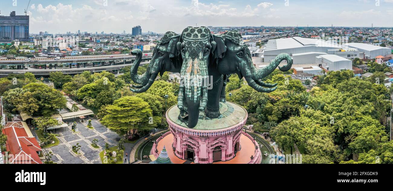 Aerial view of Erawan 3 headed elephant statue in Bangkok, Thailand ...