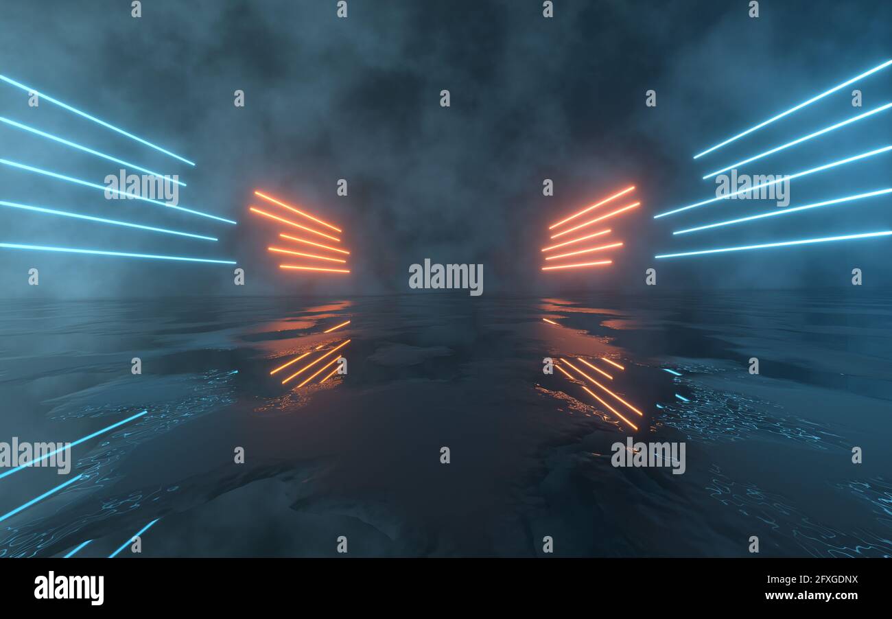 Neon light with fog background at night, 3d rendering. Computer digital ...