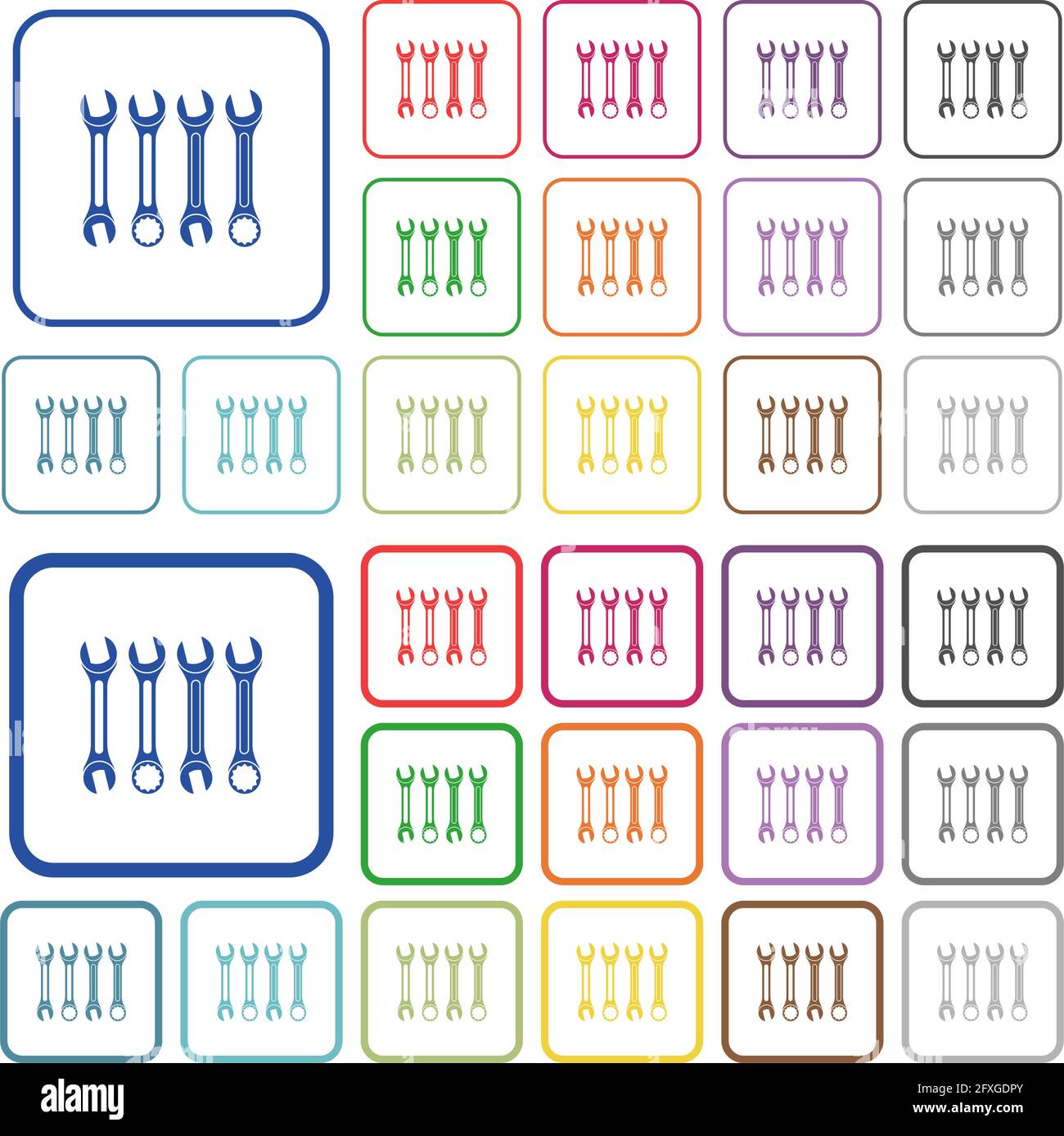 Set of wrenches color flat icons in rounded square frames. Thin and ...