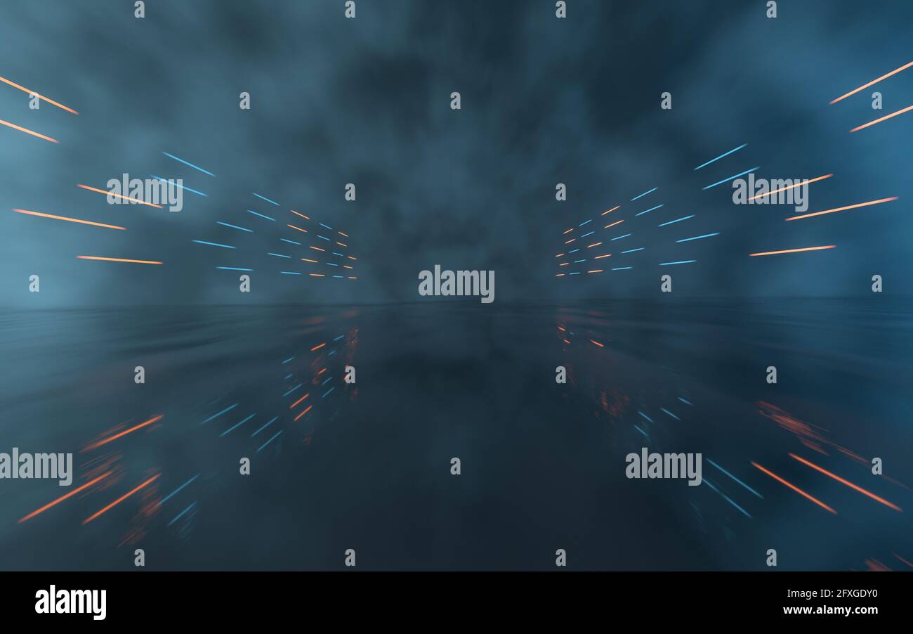 Neon light with fog background at night, 3d rendering. Computer digital ...