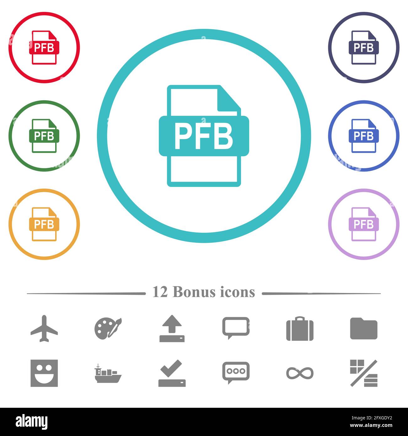 PFB file format flat color icons in circle shape outlines. 12 bonus ...