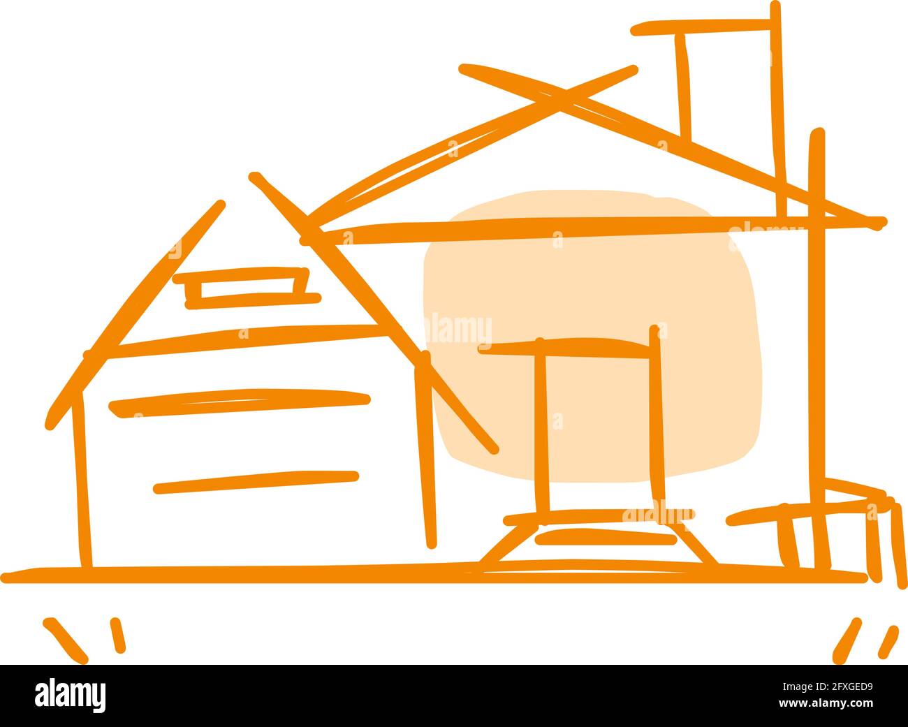 House icon of rough line art in hand drawn style, point, orange 30 ...