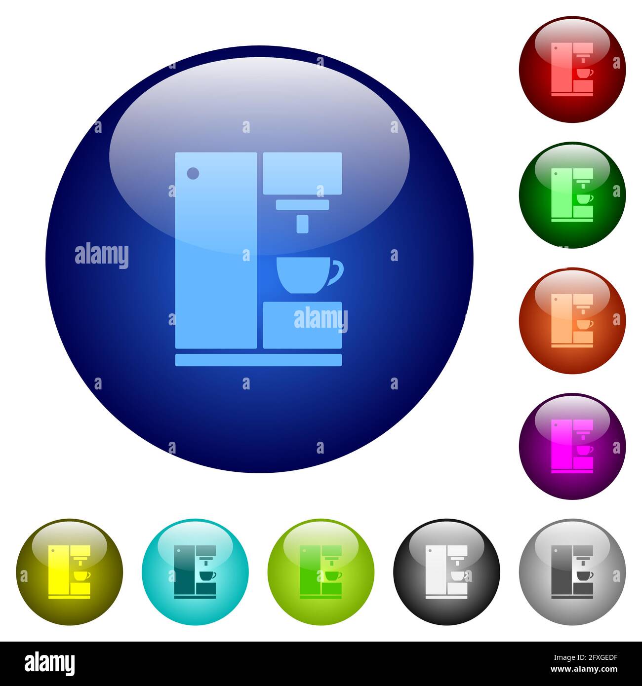 Coffee machine icons on round glass buttons in multiple colors ...
