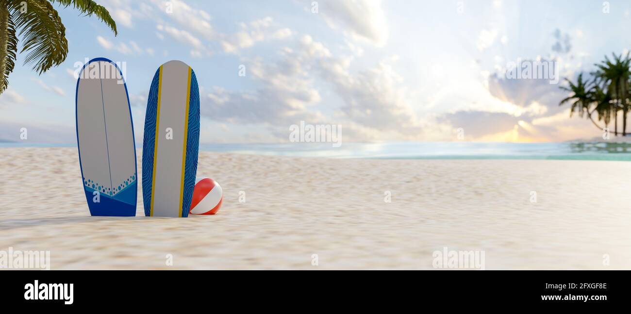 3D rendering, summer beach concept, beautiful beach with two surfboards ...