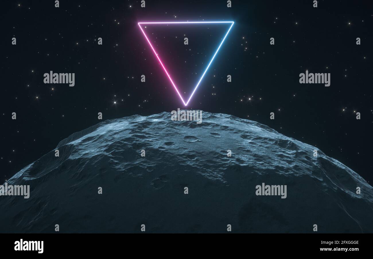 Planet and neon light with starry sky background, 3d rendering ...