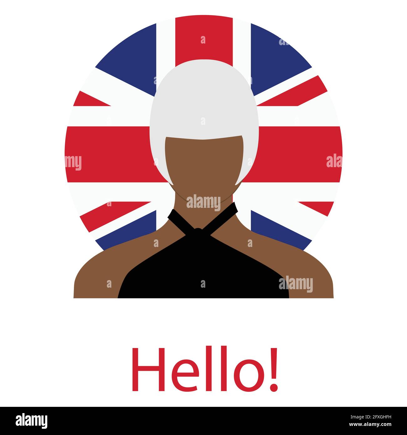 English Language Speech Hello Concept. Hello. United Kingdom flag woman ...