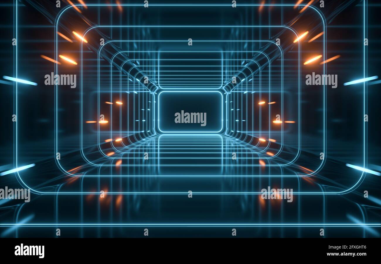 Tunnel and neon light with black background, 3d rendering. Computer ...