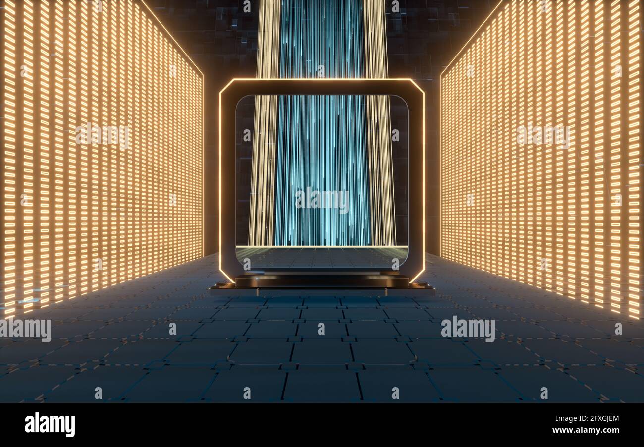 Glowing lines and chip with black background, 3d rendering. Computer ...