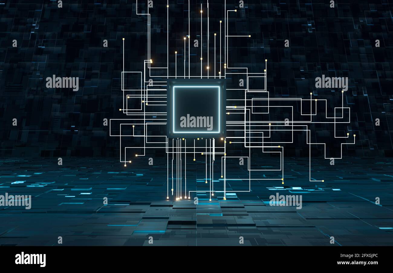 Circuit lines and chip with black background, 3d rendering. Computer ...