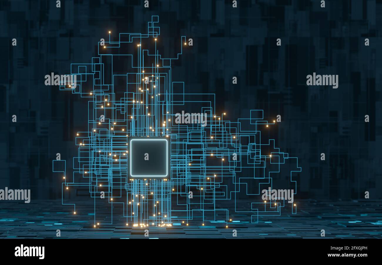 Circuit lines and chip with black background, 3d rendering. Computer ...