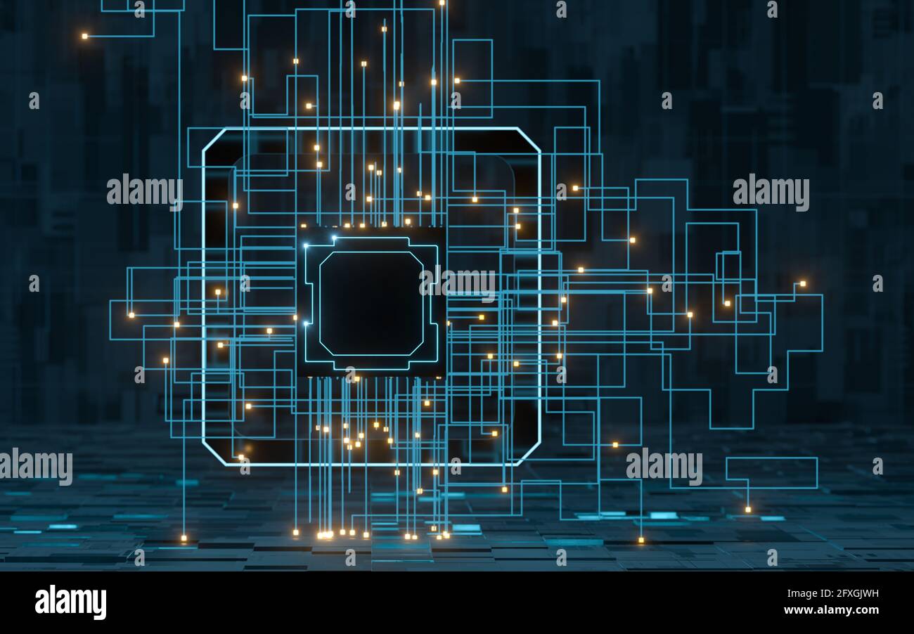 Circuit lines and chip with black background, 3d rendering. Computer ...