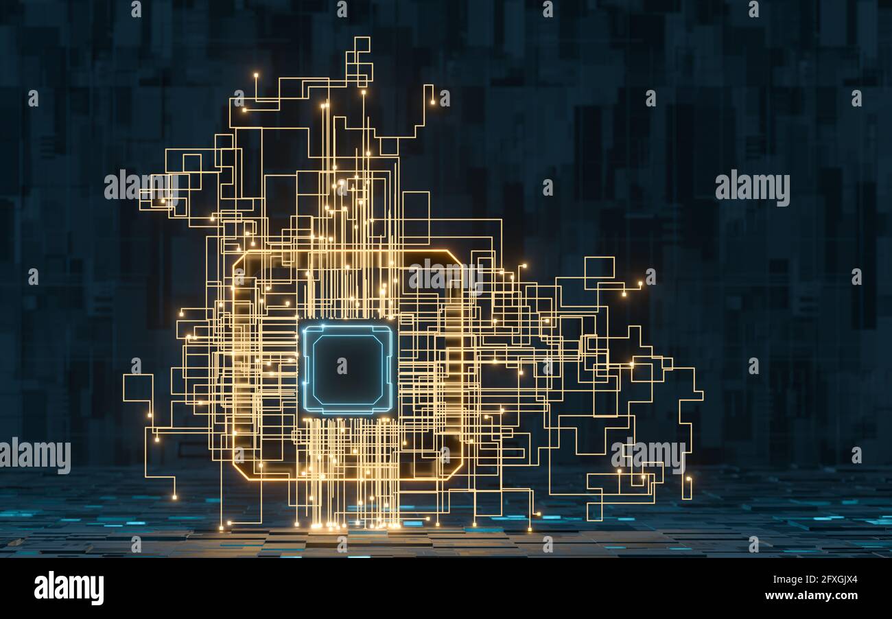 Circuit lines and chip with black background, 3d rendering. Computer ...