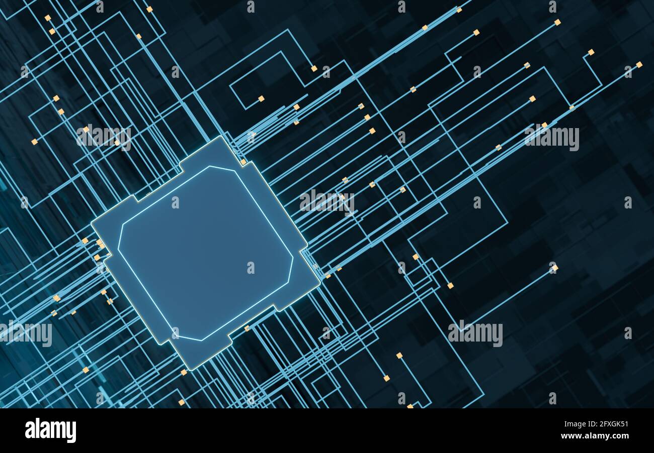 Circuit lines and chip with black background, 3d rendering. Computer ...