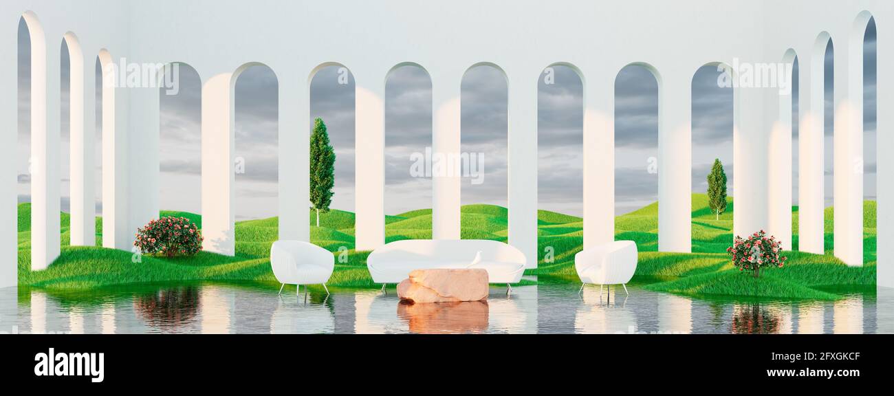 Modern Concept interior design of large white living room submerged in ...