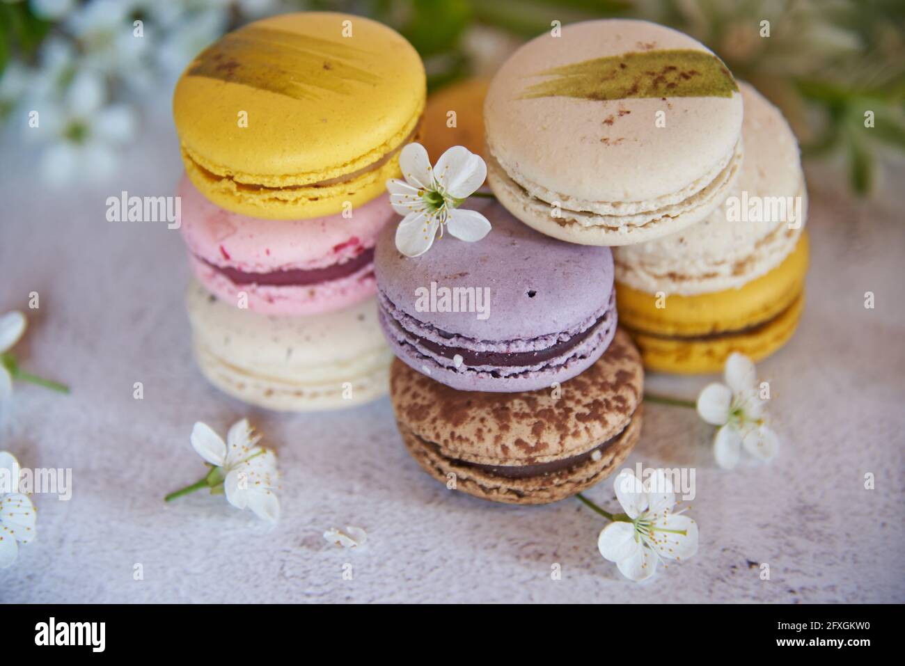 Several colorful macaroon cakes decorated with cherry blossoms on a ...