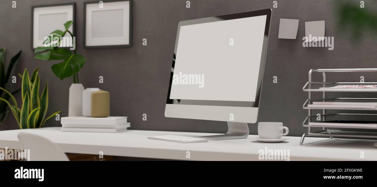 3D rendering, home office room with computer desk, office supplies and ...