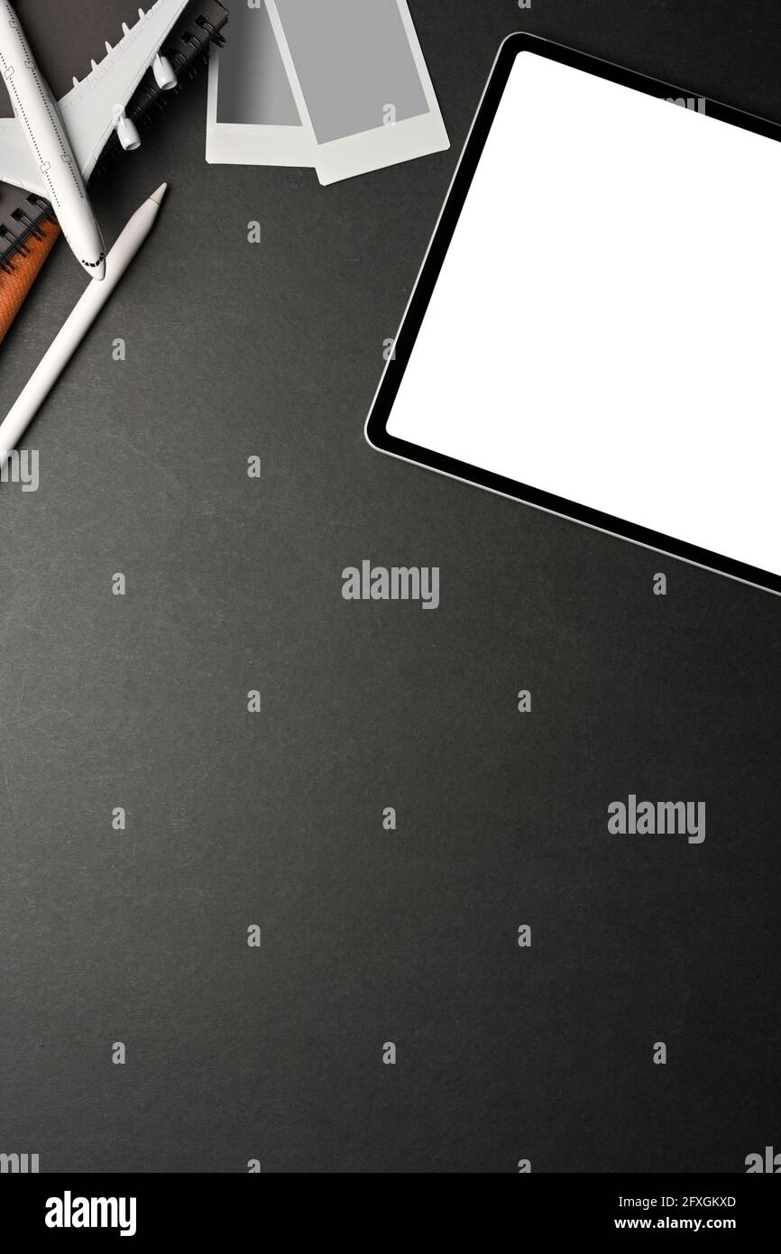 Creative flat lay workspace with digital tablet, decorations and copy ...