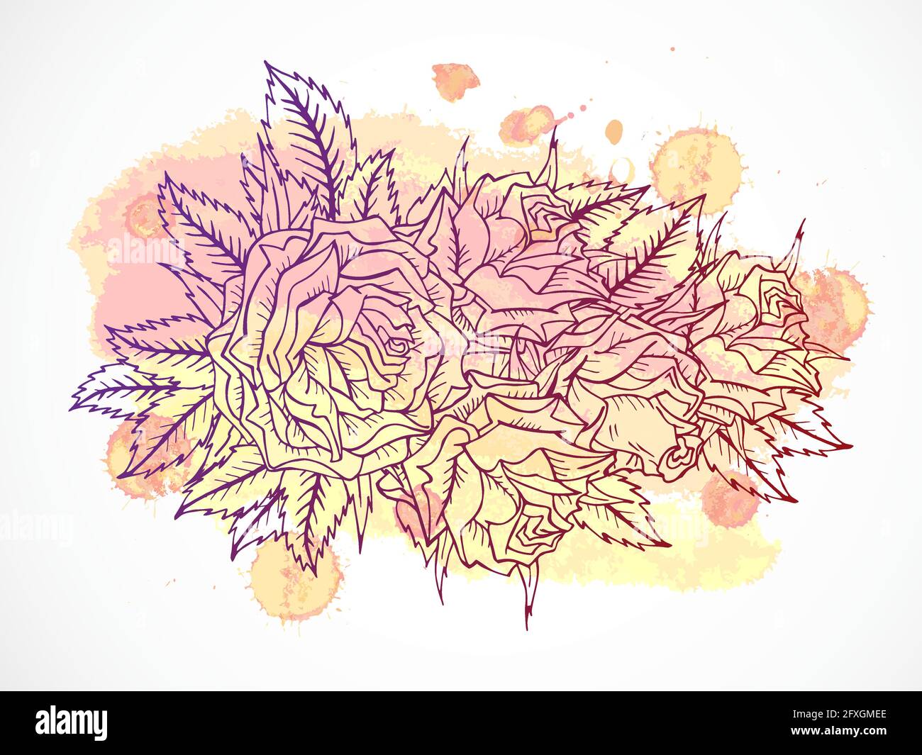 Vector set of hand drawn roses and leaves. Maroon contour on a pink and ...