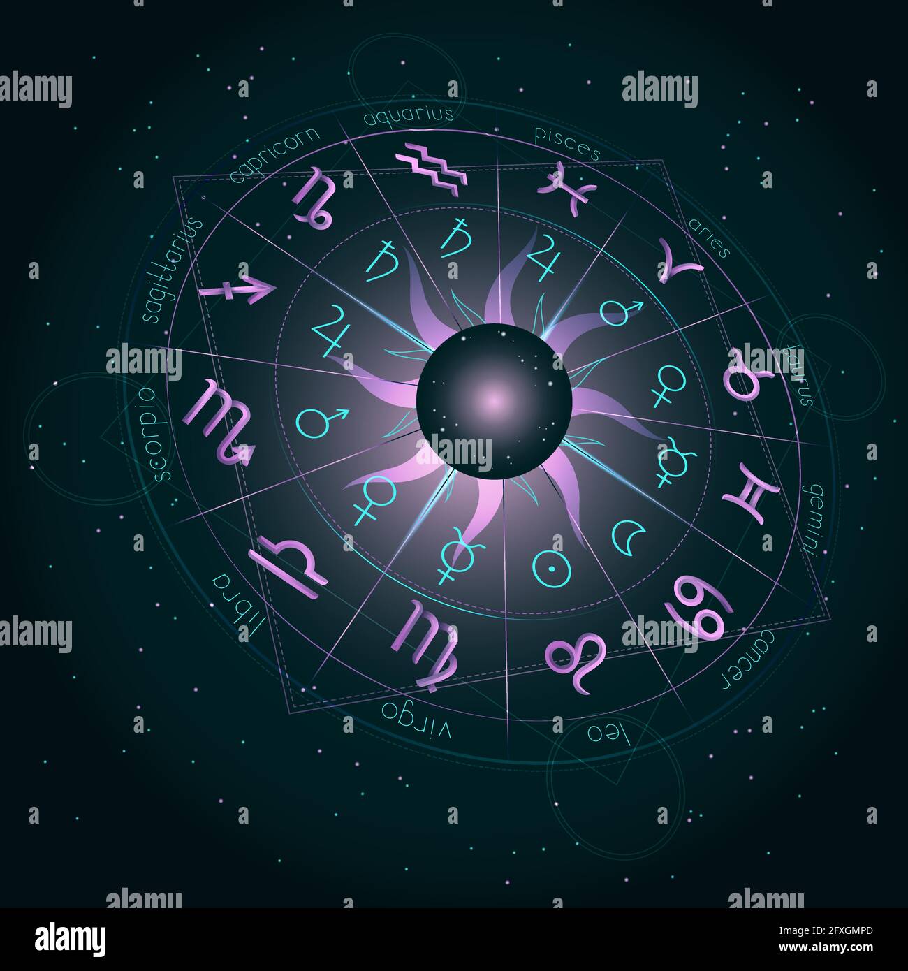 Illustration with Horoscope circle, Zodiac symbols and pictograms ...