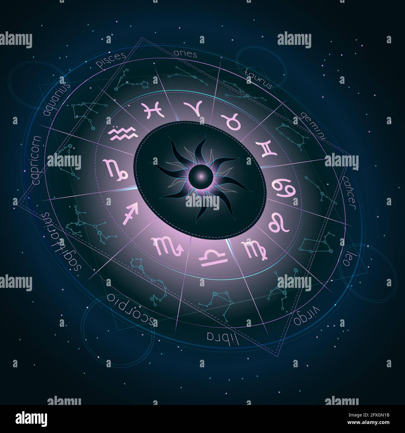 Illustration with Horoscope circle, Zodiac symbols and astrology ...
