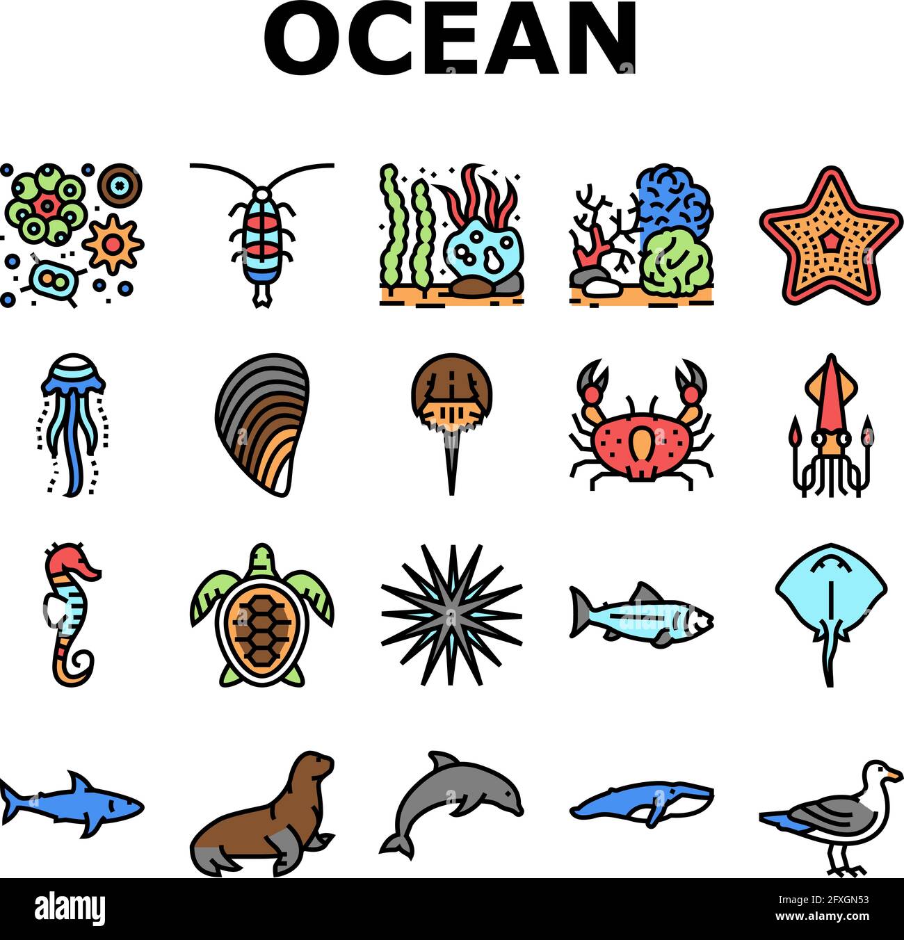 Ocean Underwater Life Collection Icons Set Vector Stock Vector Image ...