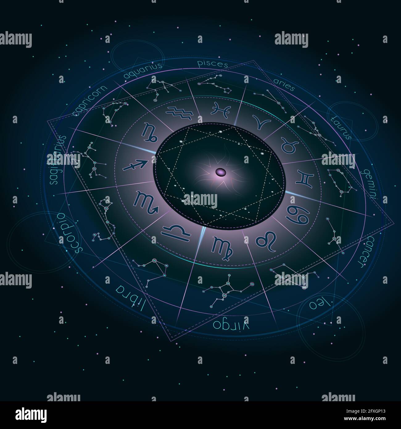 Illustration with Horoscope circle, Zodiac symbols and astrology ...