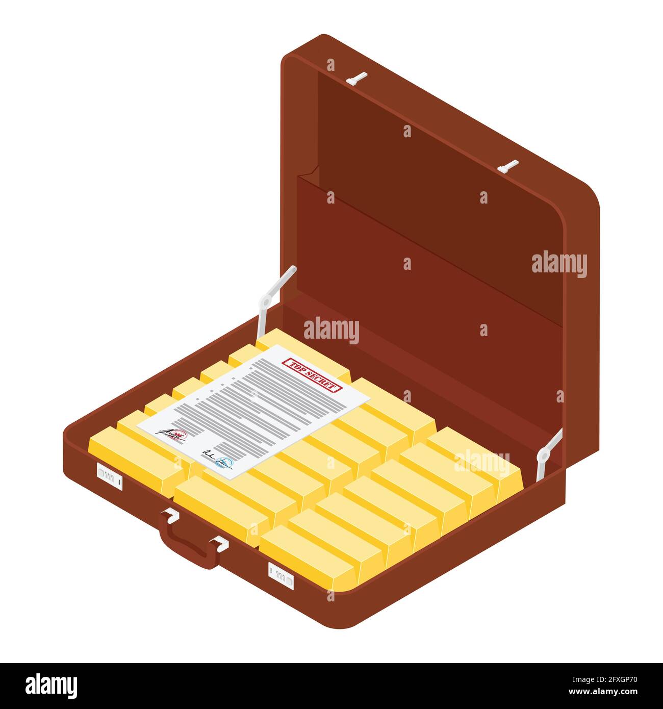 Brown briefcase with top secret documents and golden bars isometric ...
