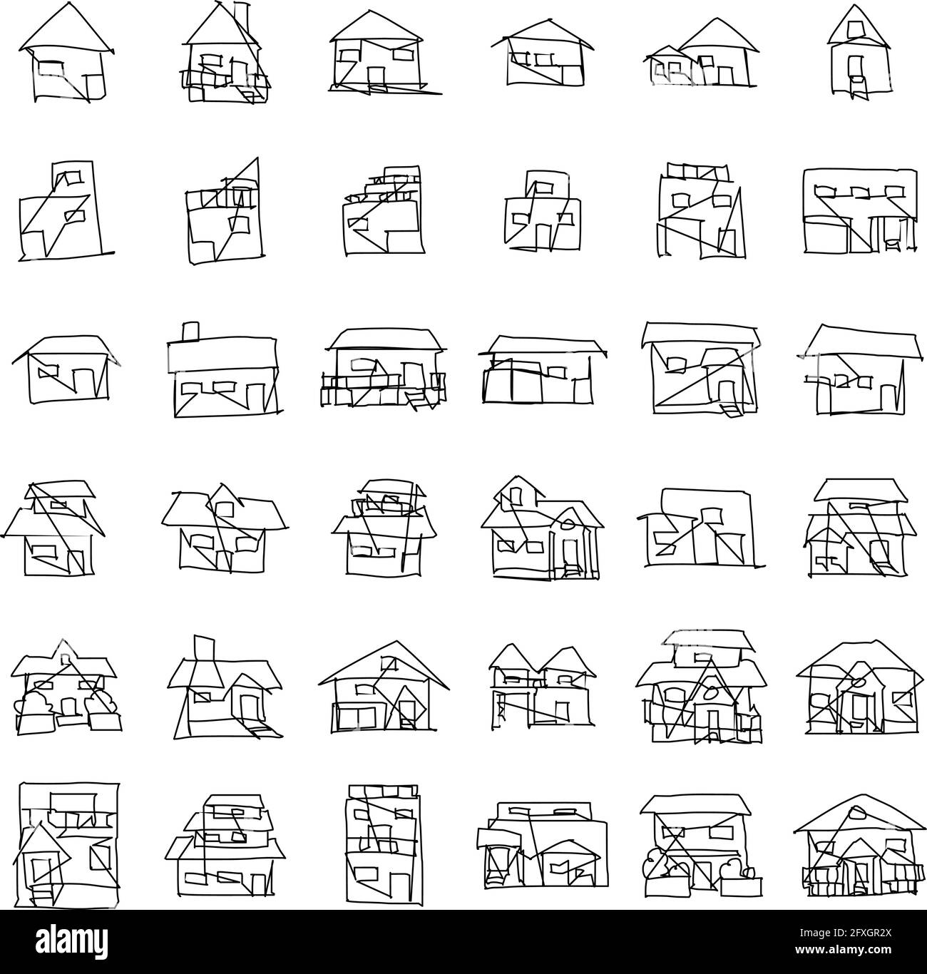 House icon set of rough line art in hand drawn style, one line, black ...