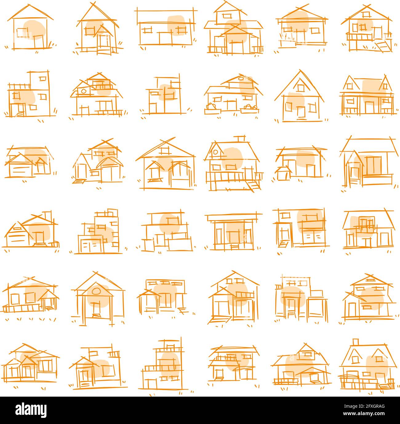 House icon set of rough line art in hand drawn style, point, orange ...