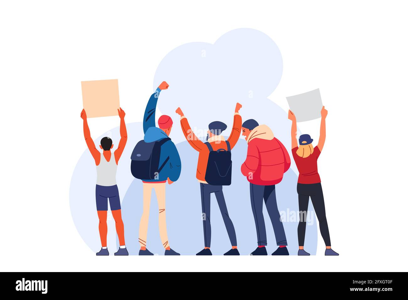 A rear view of people holding placards and placards about a global ...