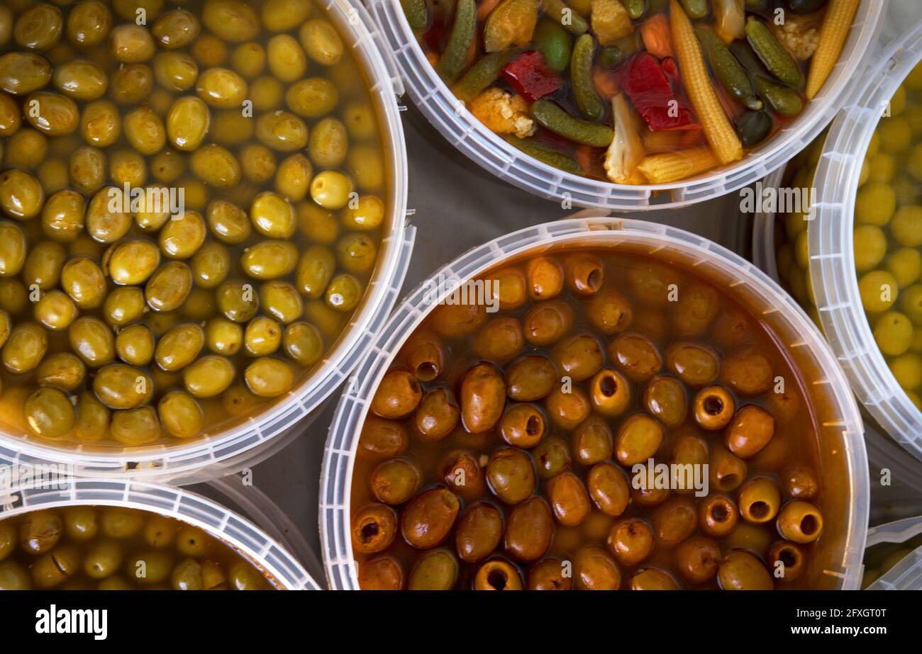 Types of spanish olives in the market Stock Photo - Alamy