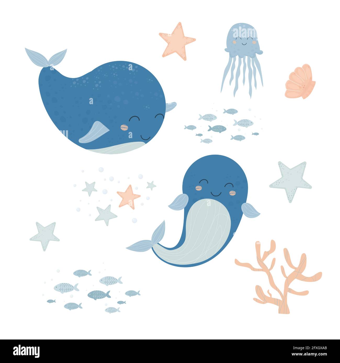 Set of cute whales and ocean elements in boho scandinavian style ...