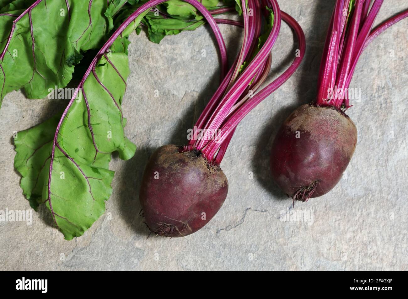 Red Beet Root With Leaves on stone table Stock Photo - Alamy