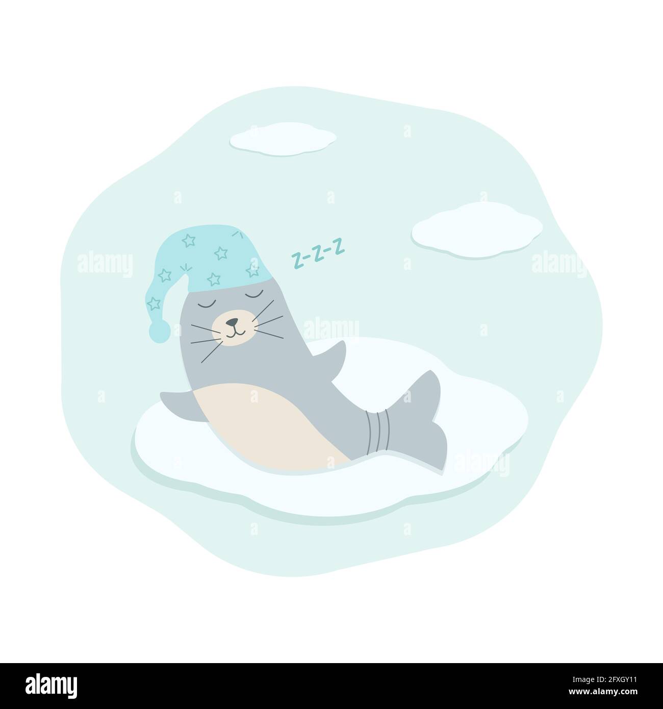 Cute cartoon character seal sleeps in a nightcap on a cloud. Vector ...
