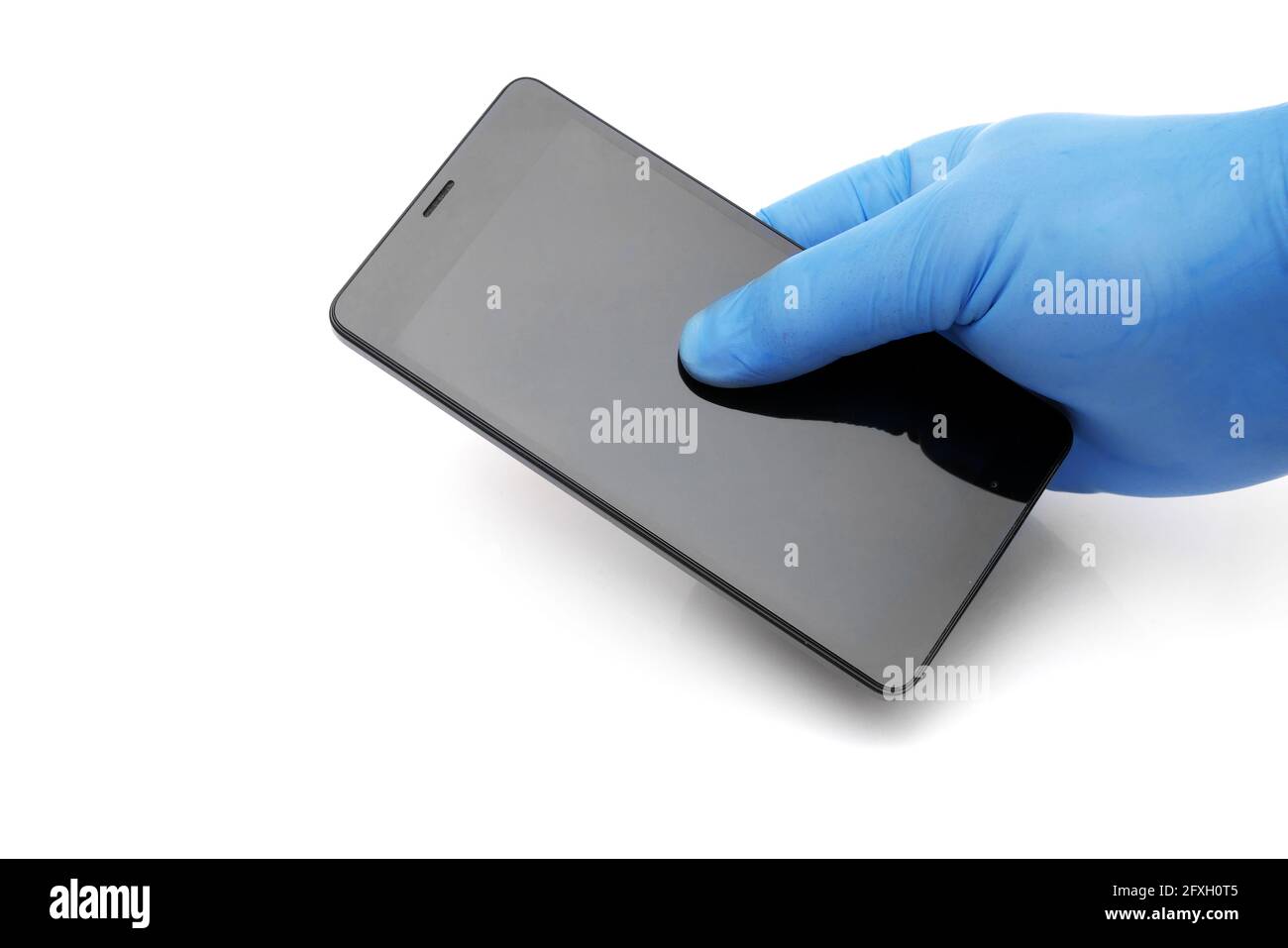 hand in blue medical glove holding smartphone isolated on white ...
