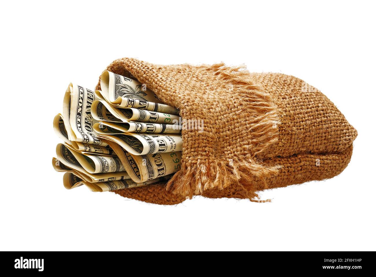 burlap sack filled with folded dollar banknotes isolated on white ...