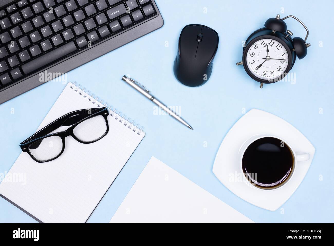 Workplace table top view. Workspace flat lay. Keyboard with computer ...