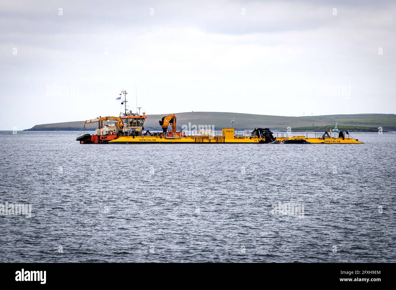 The Orbital tidal energy turbine off Kirkwall Marina, Orkney, in the ...